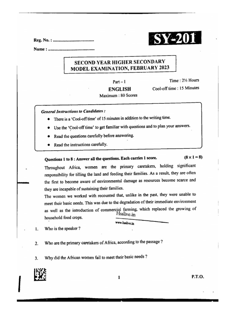 Hsslive Xii Model Exam Feb 2023 English QP | PDF