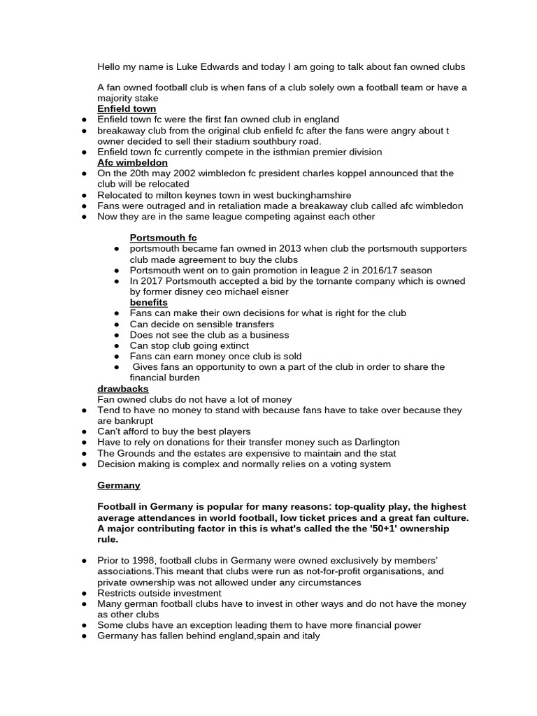 Fan-Owned Football Clubs Explained | PDF | Association Football Clubs | Association Football