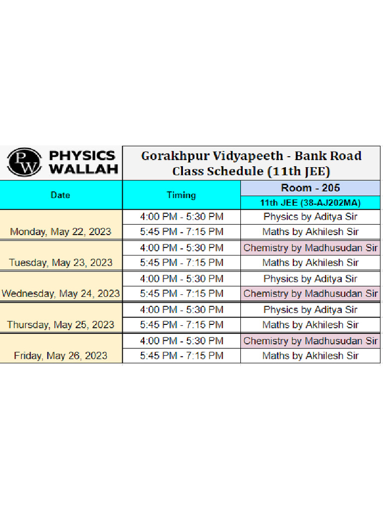 Weekly Class Schedule _Time Table | PDF