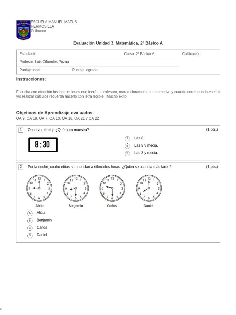 prueba matemática 2° | PDF