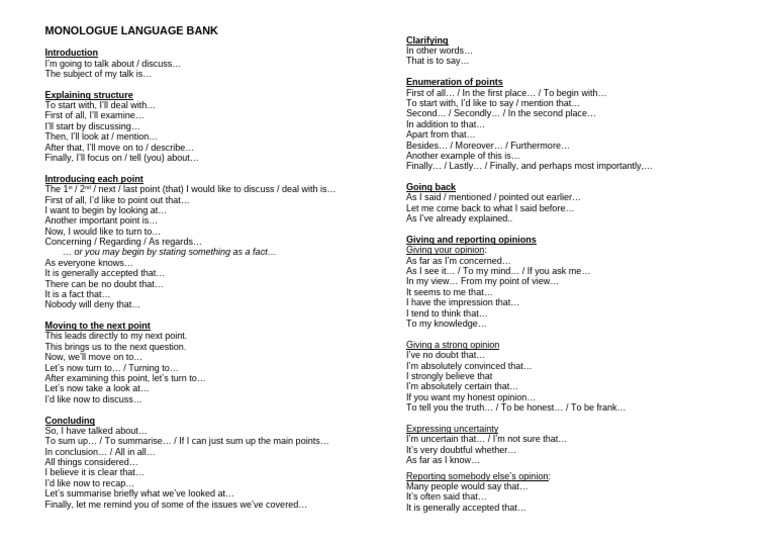 Monologue Language Bank | PDF