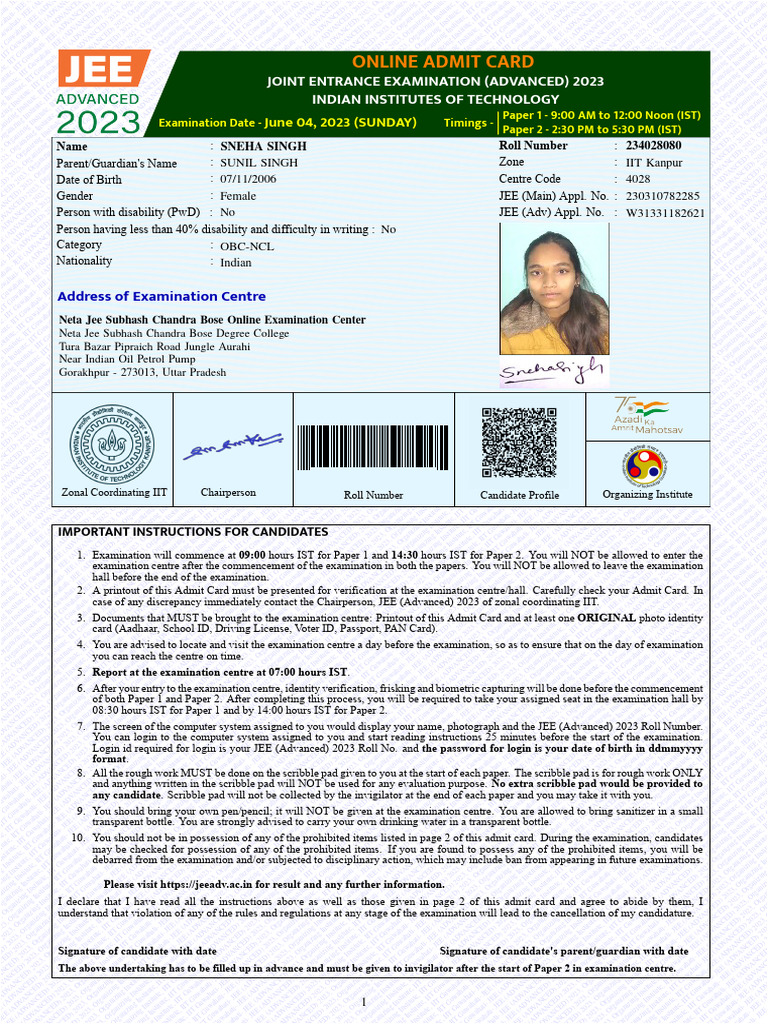 JEE Advance Admit Card | PDF