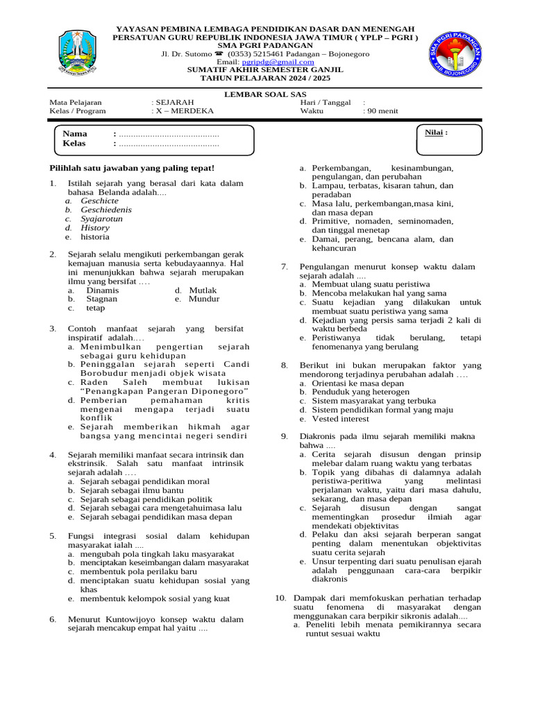 Soal Sas Sejarah Kelas x | PDF
