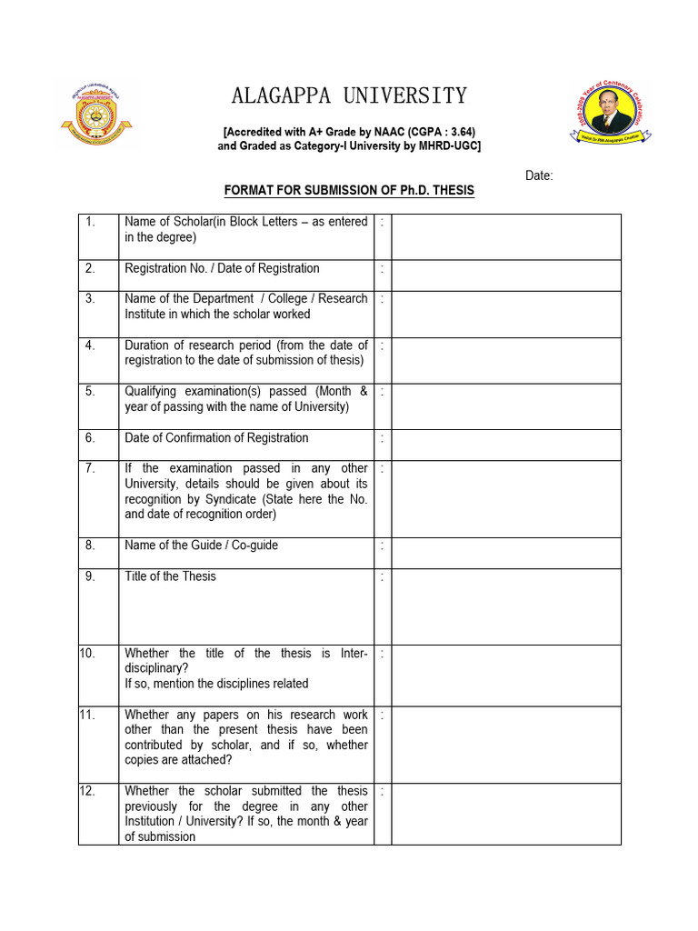 Ph.D. Thesis Submission Form - NEW | PDF | Thesis | Doctor Of Philosophy