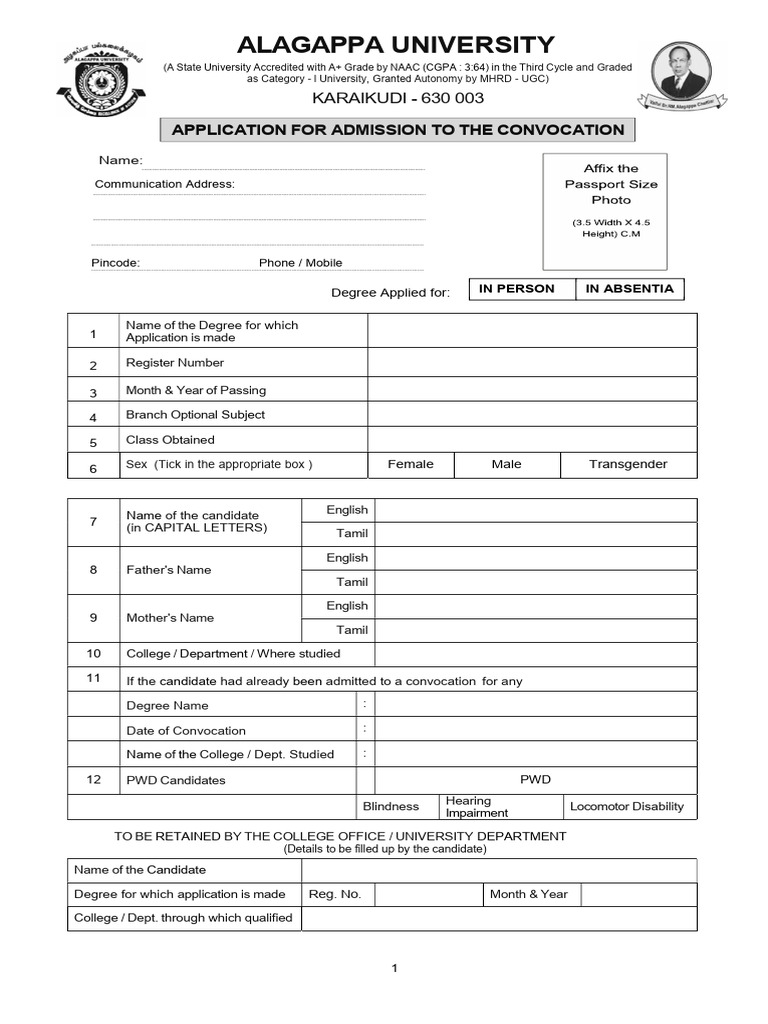 Alagappa University Convocation Application | PDF