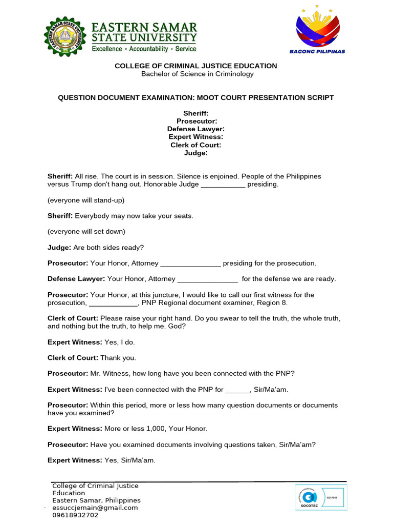Moot Court Presentation Script for Criminology | PDF | Witness | Prosecutor