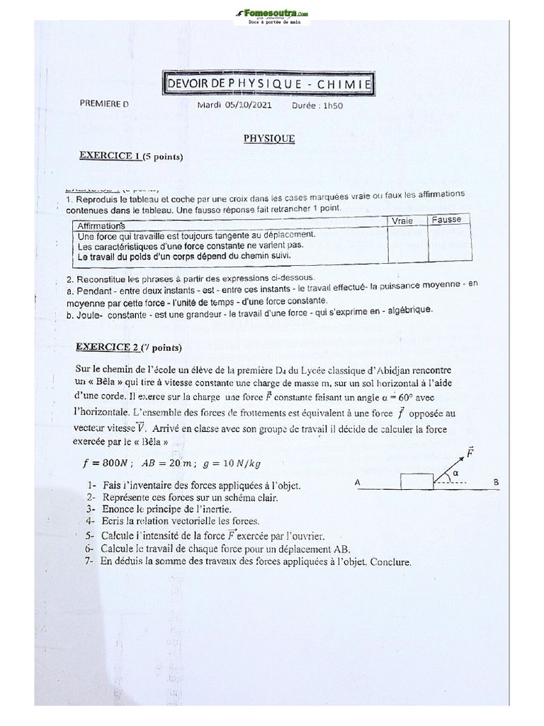 Devoir de PC 1ereD | PDF