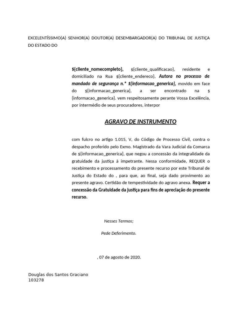 MODELO DE AGRAVO AJG | PDF | Advogado | Mandamus