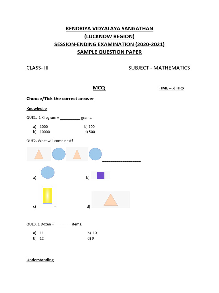 Class-III, Maths Sample Paper-1 | PDF