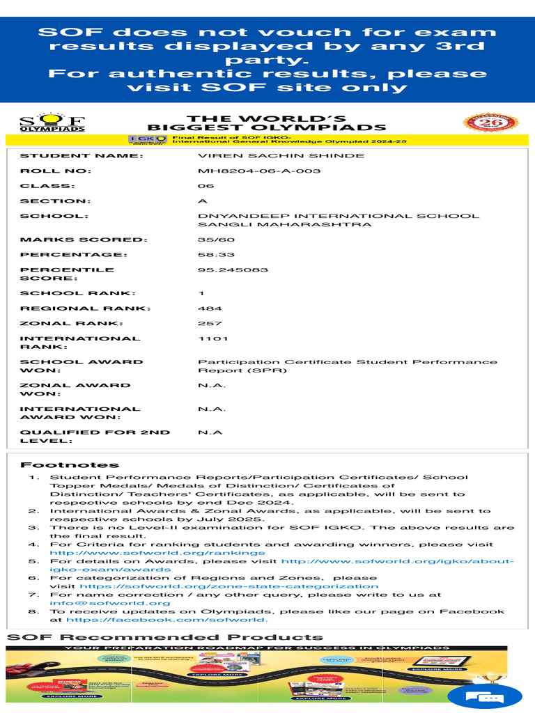 Resuts Science Olympiad Foundation | PDF