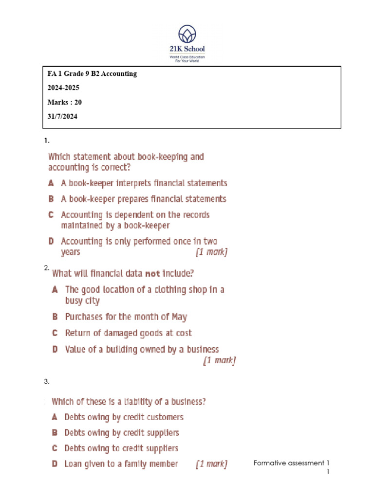 FA 1 Accounting Grade 9 B2 | PDF