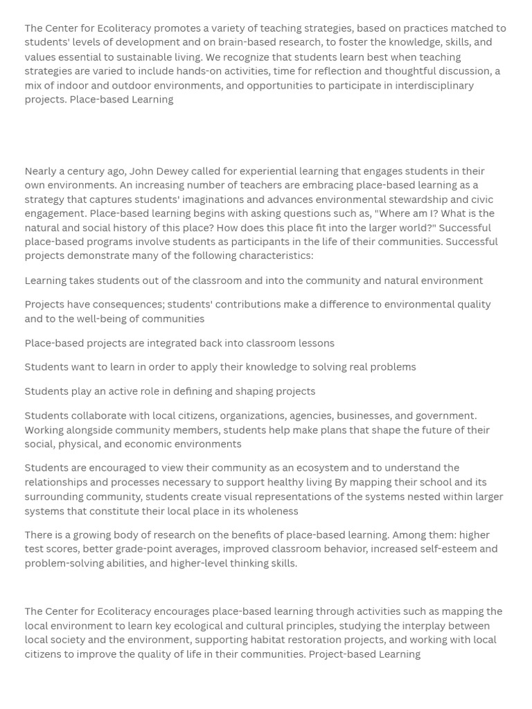 The Center For Ecoliteracy Promotes A Variety of Teaching Strategies ...