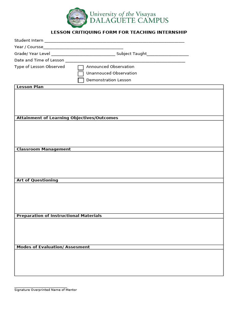 Lesson Critiquing Form For Teaching Internship | PDF