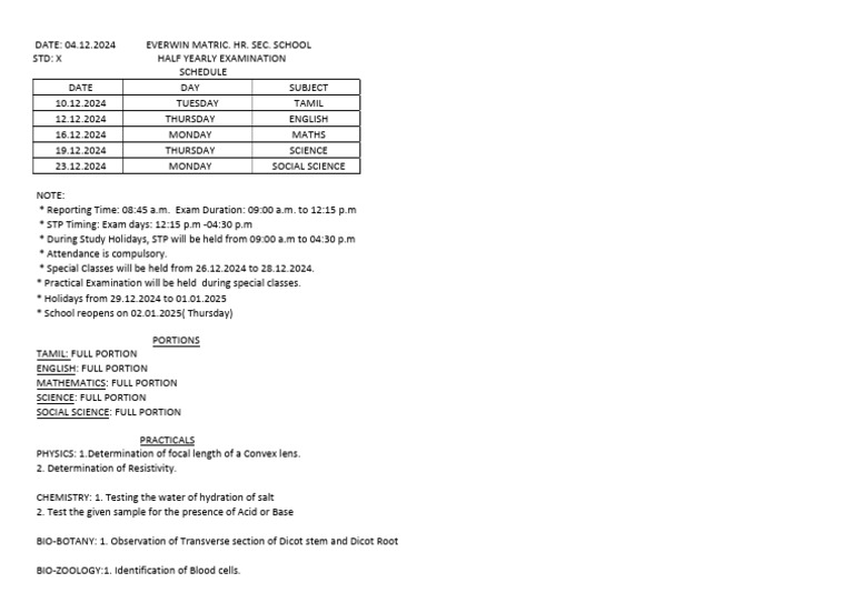 Emk STD X Half Yearly Time Table & Portions | PDF
