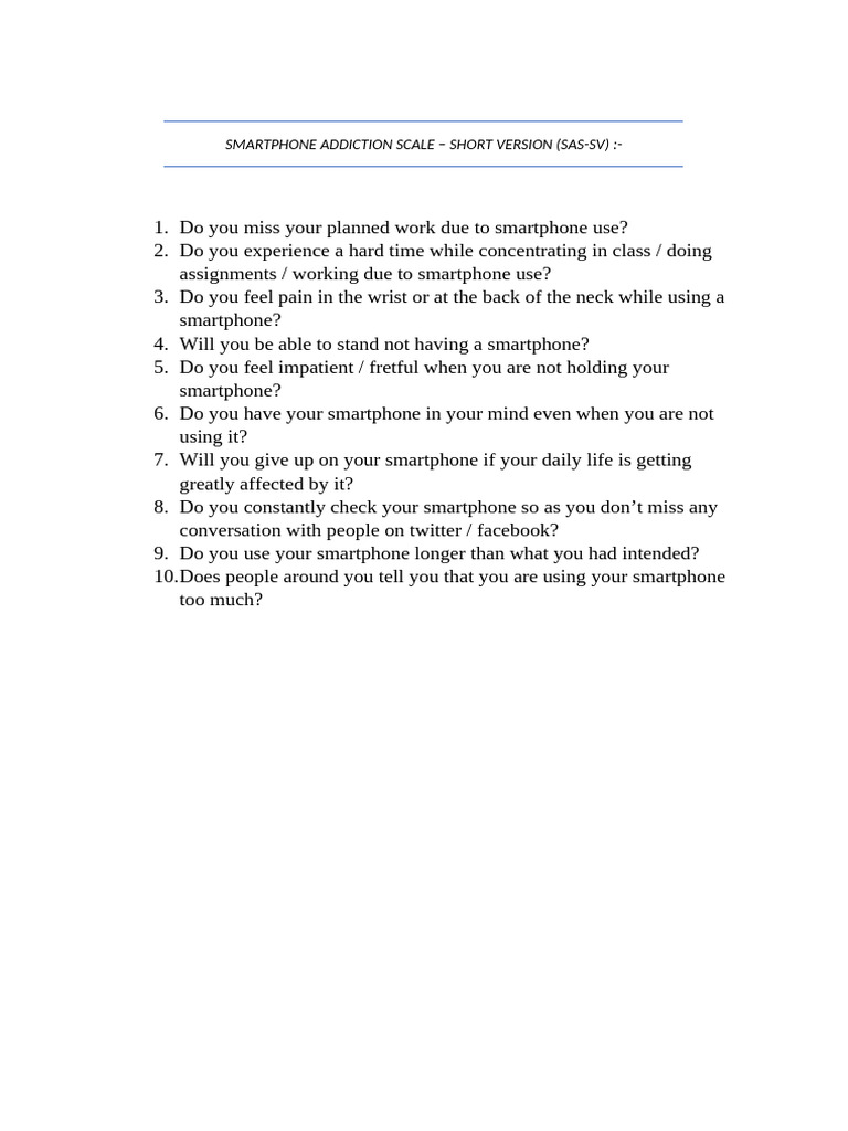 Smartphone Addiction Scale (SAS-SV) | PDF