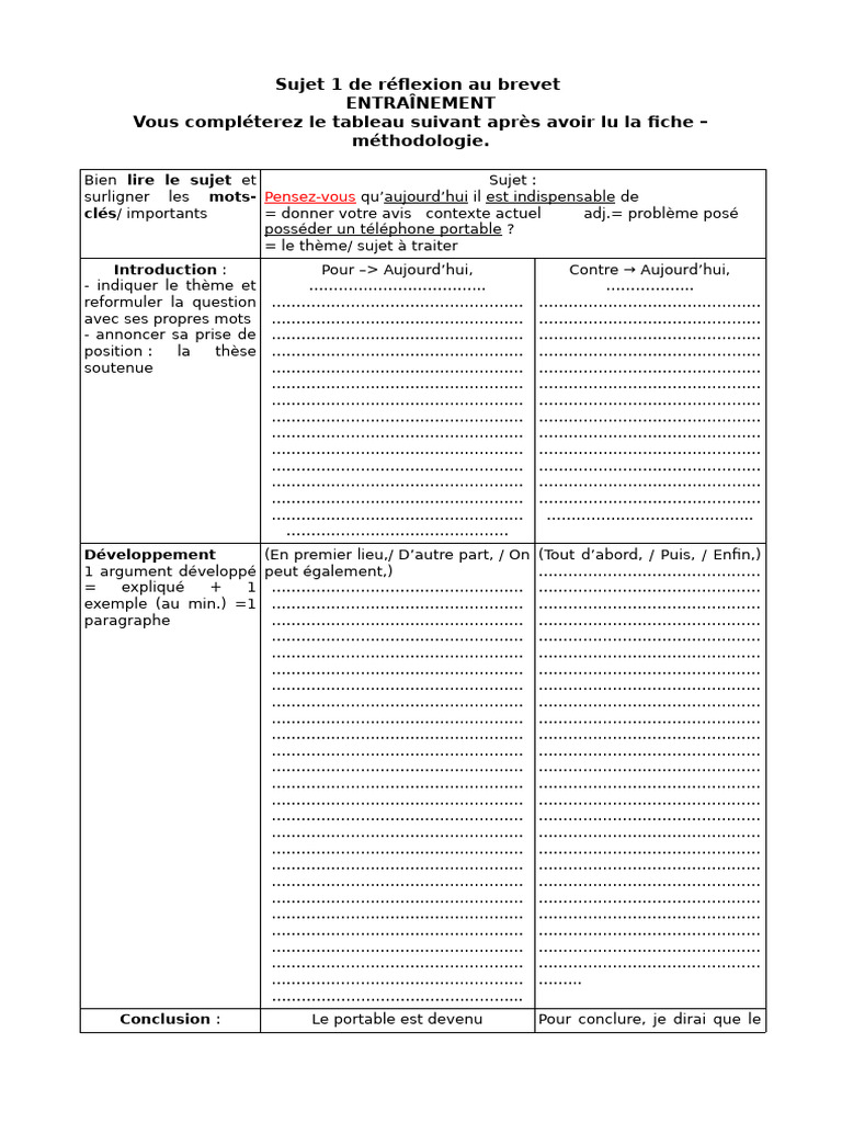 Séance Entrainement Type Brevet 1 Argumentation Le Téléphoen Tableau 2 | PDF