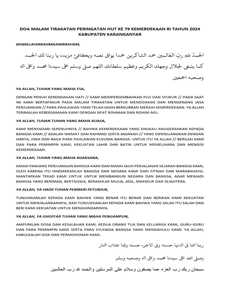 Doa Malam Tirakatan Hut Ke 79 Ri | PDF