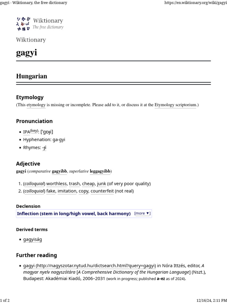 Gagyi - Wiktionary, The Free Dictionary | PDF