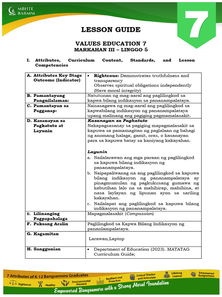 Lesson Guide: Values Education 7 | PDF