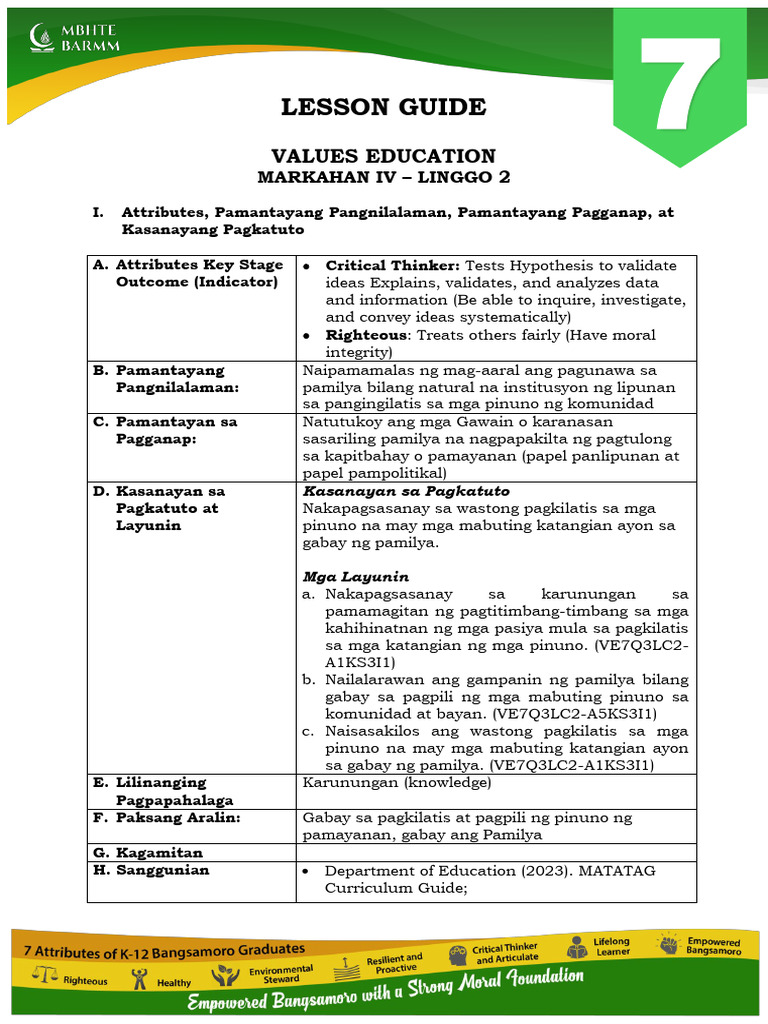 Lesson Guide: Values Education | PDF
