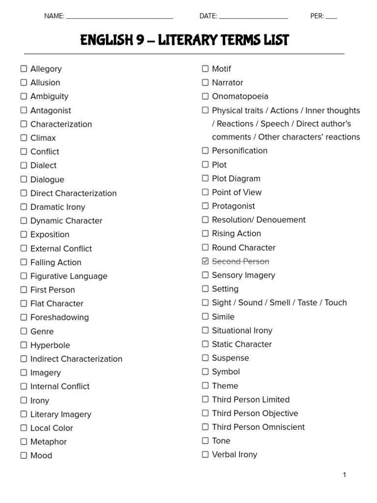 Literary Terms Notes Handout 2023 - KEY | PDF | Narration | Irony