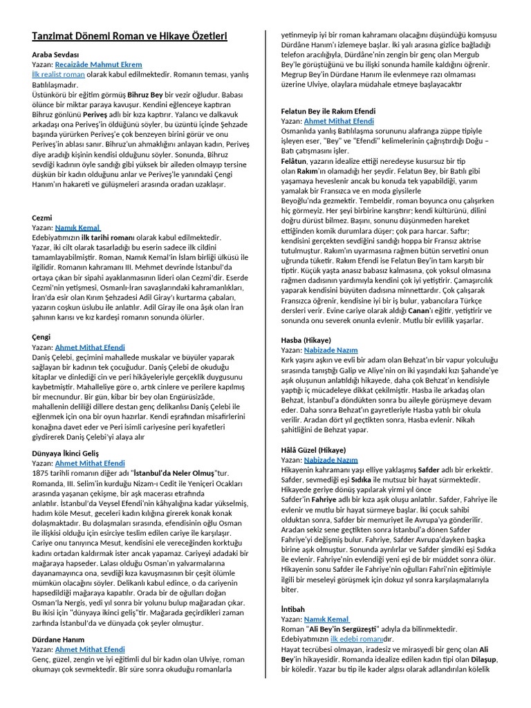 Tanzimat - S.Fünun-Milli-Cumhuriyet Roman Özetleri | PDF