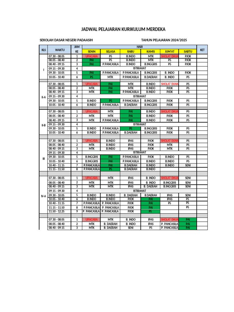 Jadwal Pelajaran Kumer Baru | PDF
