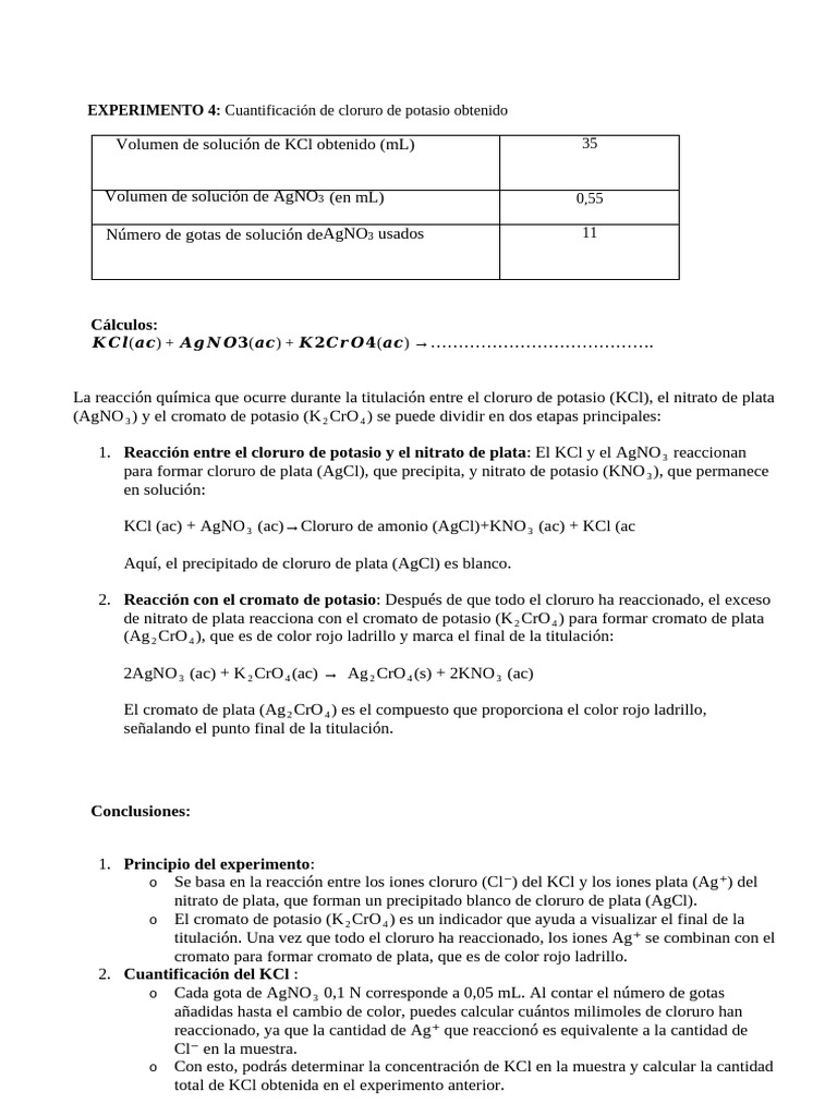 Experimento 4 Estequio | PDF | Precipitación (Química) | Cloruro de potasio
