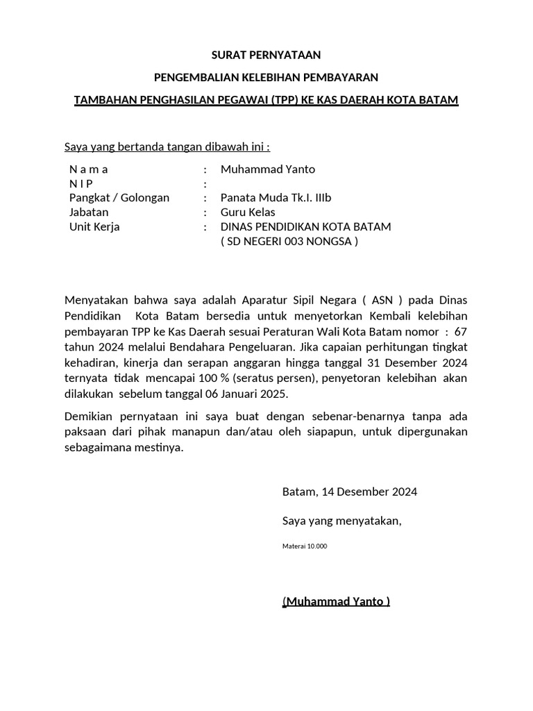 SURAT PERNYATAAN TPP DES 2024 - SEKOLAH | PDF