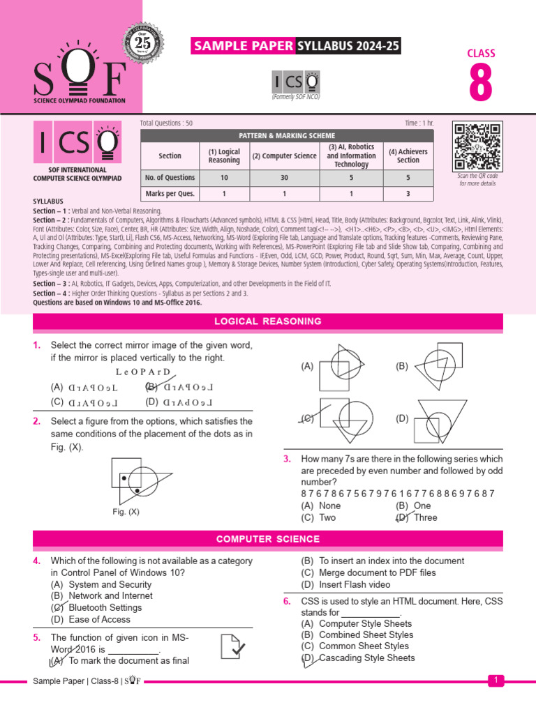 Class 8 ICSO Sample Paper 2024-25 | PDF | Operating System | Artificial ...