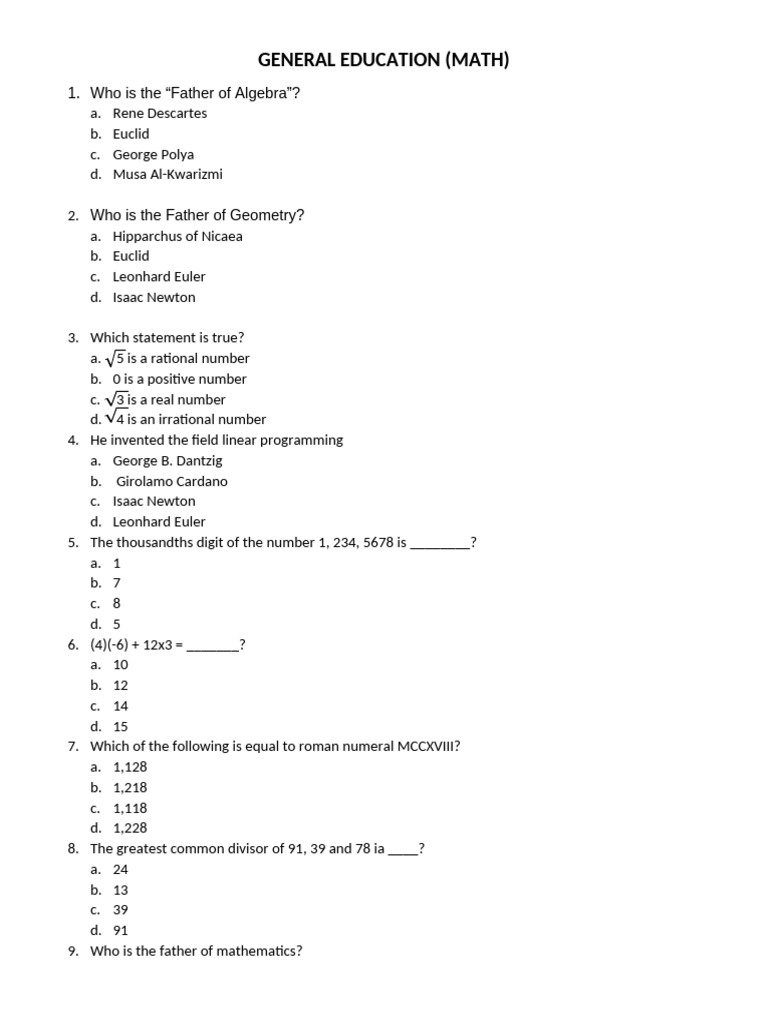 General Education Math Quiz Questions | PDF | Numbers | Mathematics