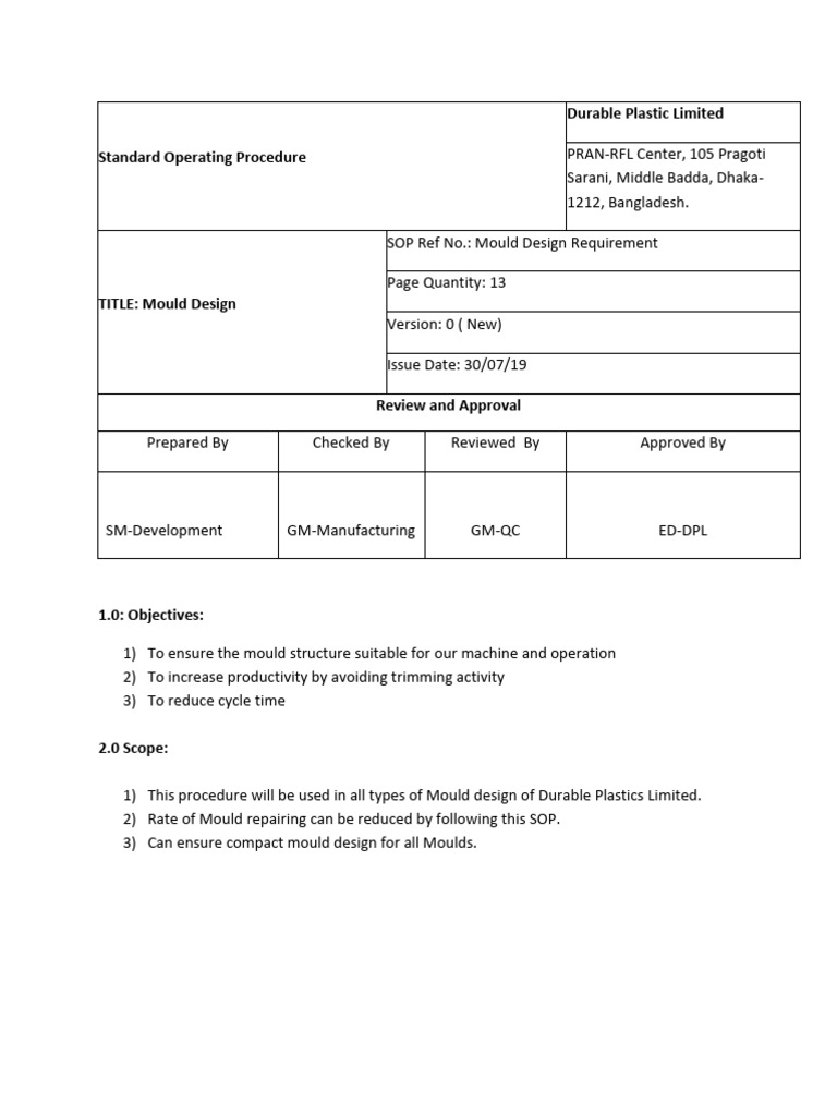 Mould Design SOP for Durable Plastics | PDF | Equipment | Manufactured ...