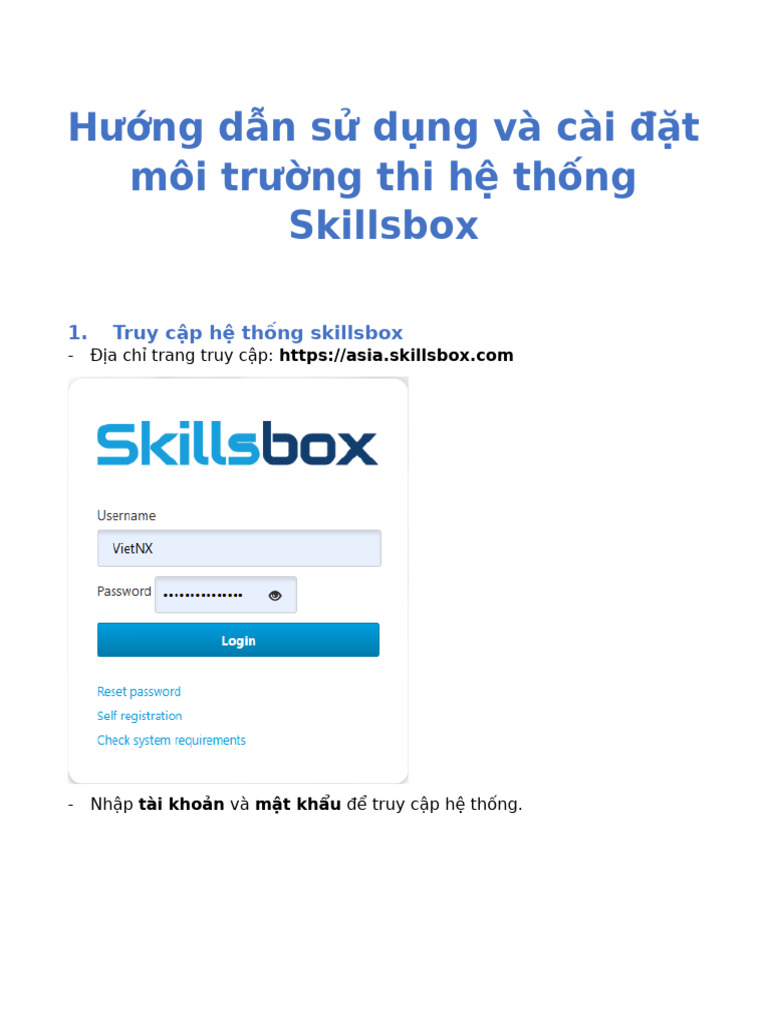 Hướng dẫn sử dụng và cài đặt môi trường thi hệ thống Skillsbox | PDF