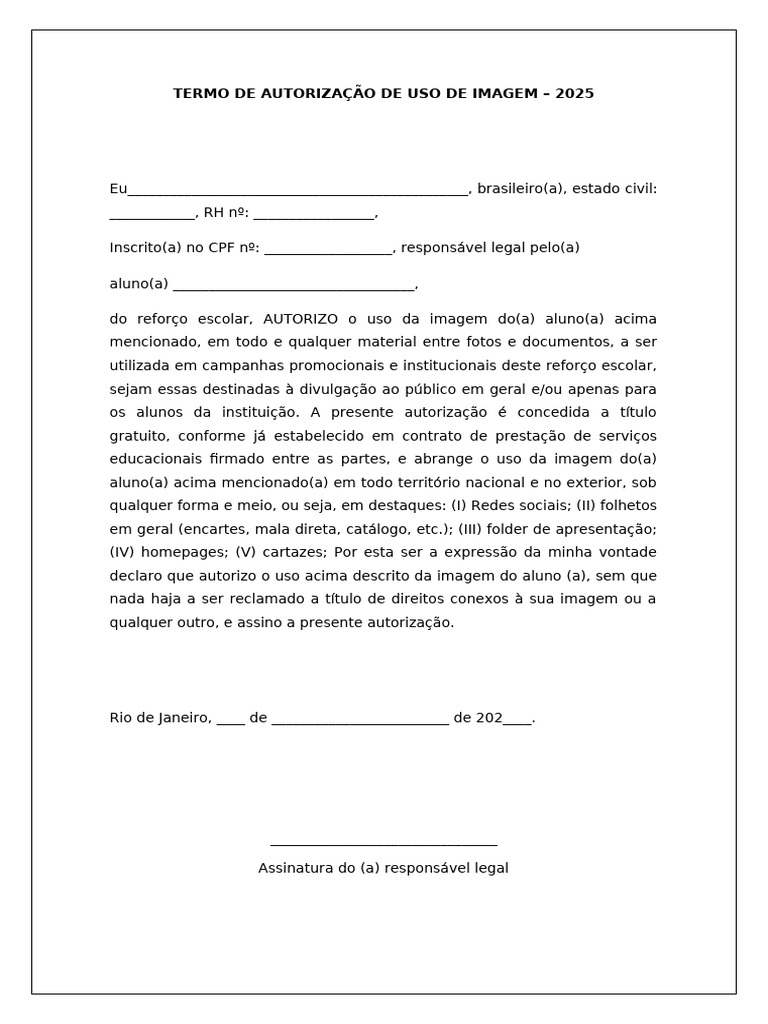 Termo De Uso De Imagem Modelo/exemplo De Termo De Entrega