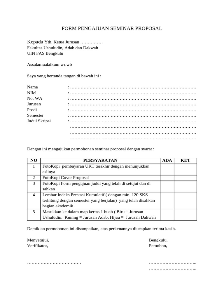 Formulir Pengajuan Seminar Proposal UIN | PDF