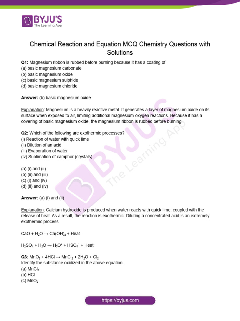 Chemical Reaction and Equation MCQ Questions | PDF | Magnesium | Silver