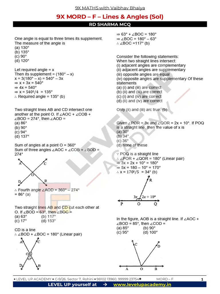 9X MORD - F - Lines & Angles (Sol) | PDF | Angle | Elementary Geometry