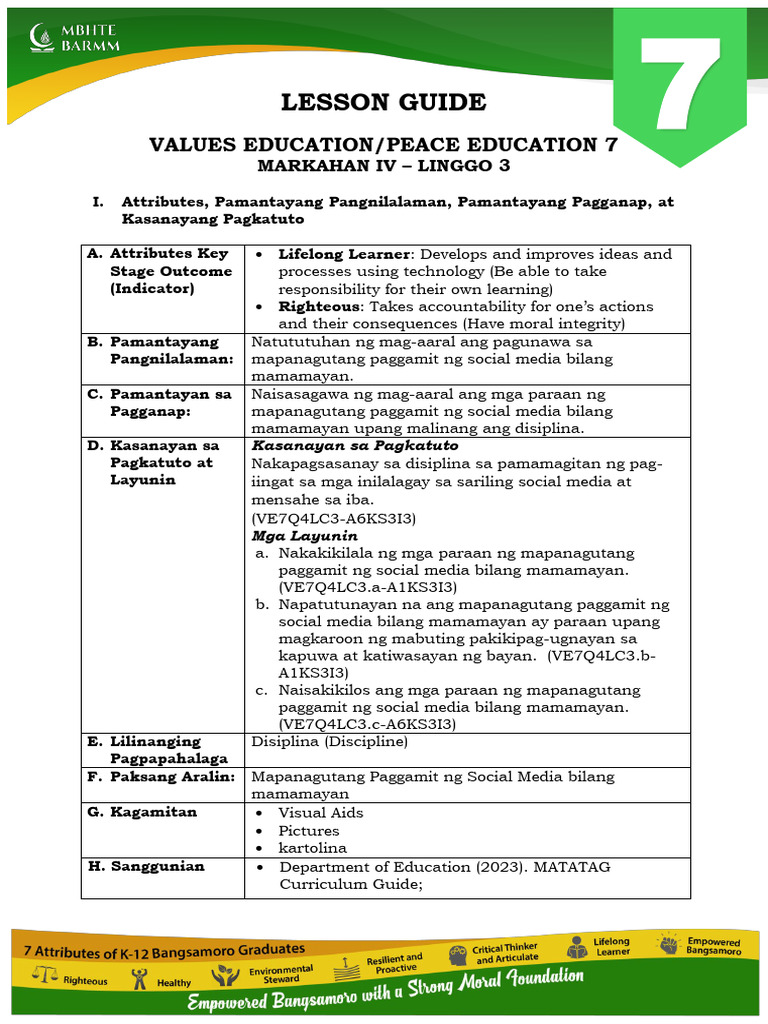 Lesson Guide: Values Education/Peace Education 7 | PDF
