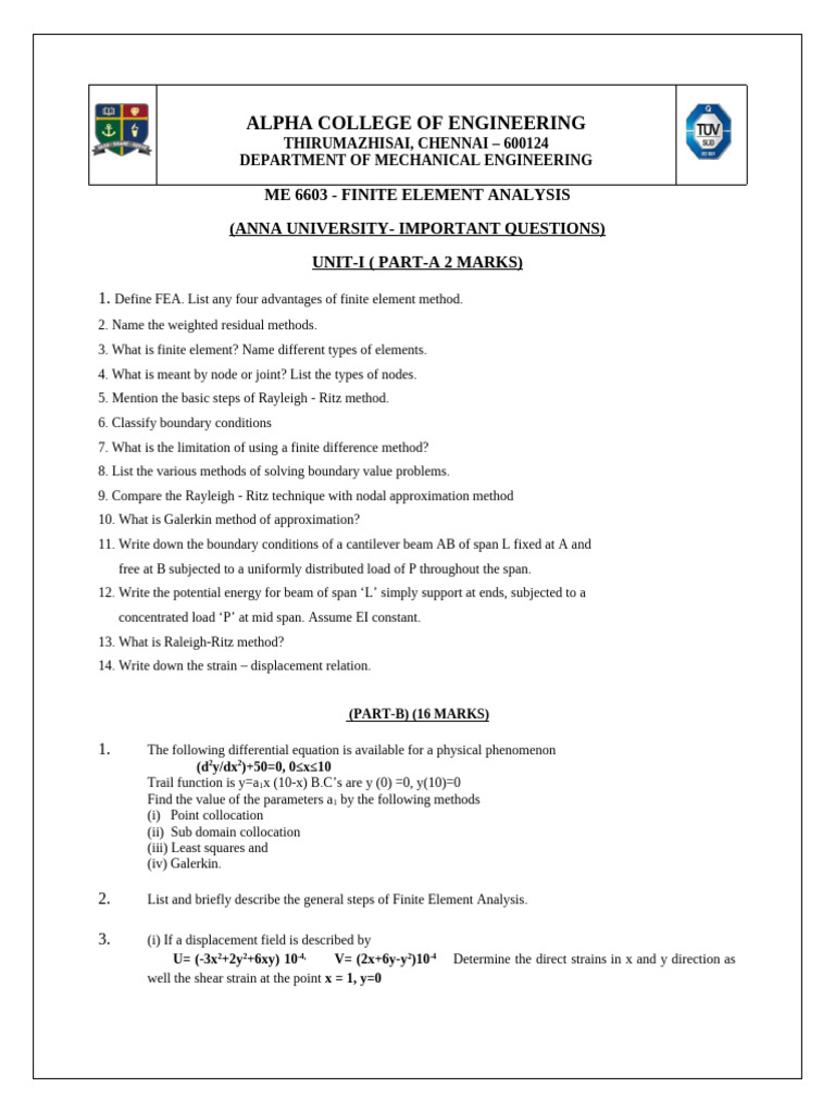 Finite Element Analysis Exam Questions | PDF | Finite Element Method | Bending