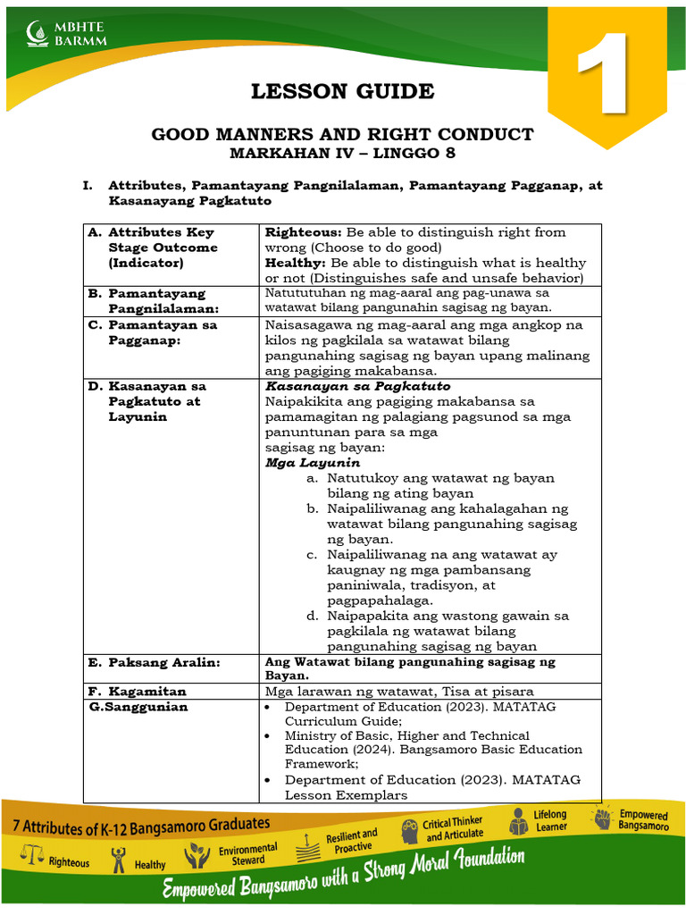 Lesson Guide: Good Manners and Right Conduct | PDF