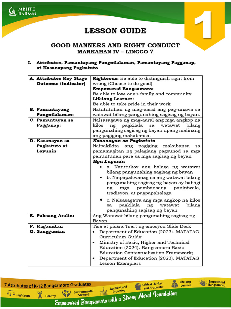 Lesson Guide: Good Manners and Right Conduct | PDF