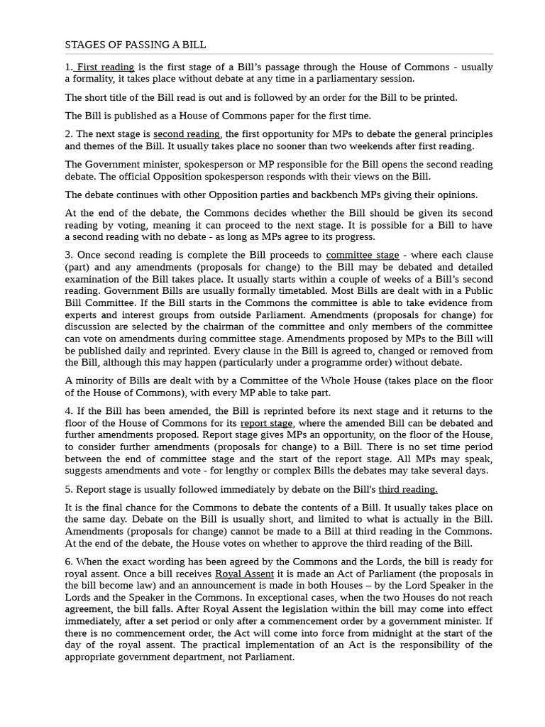Stages of Passing a Bill | PDF | Bill (Law) | House Of Commons Of The ...