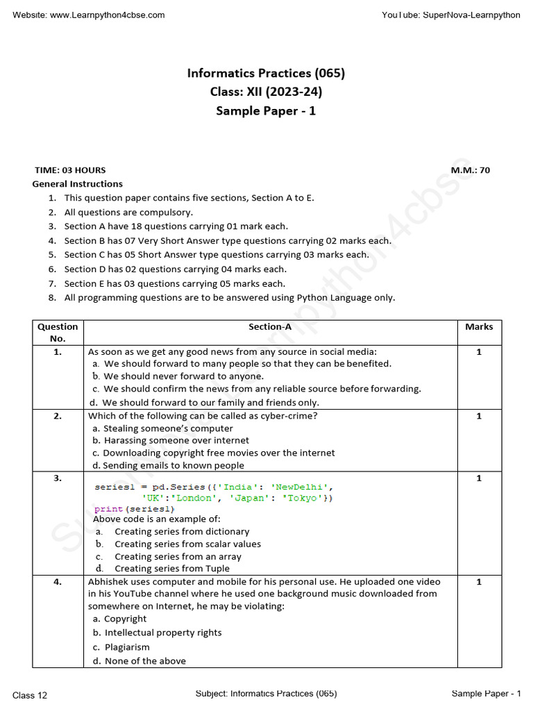 Xii Ip Sample Paper 1 2023-24 | PDF | Computer Programming | Computer Science