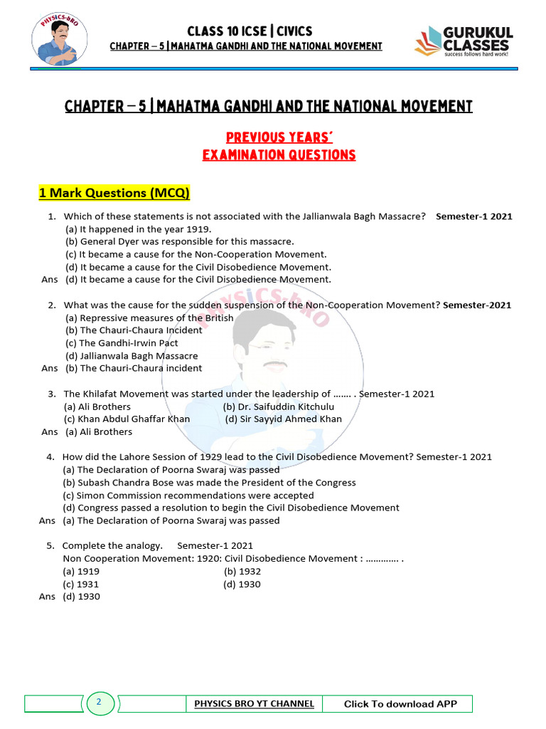 Indian Freedom Movement MCQs and Answers | PDF | Mahatma Gandhi ...