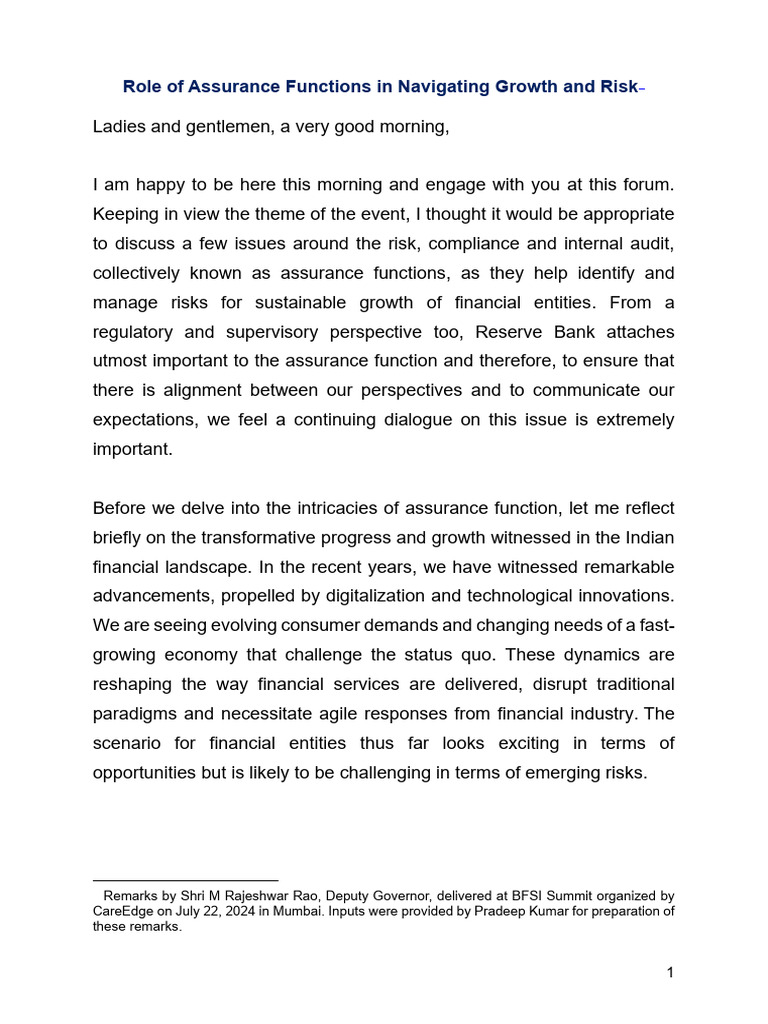 Role of Assurance Functions in Navigating Growth and Risk1 Speech | PDF | Internal Audit | Business