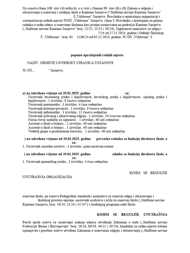 Javni Konkurs OS Vrhbosna Decembar 2024 PDF | PDF