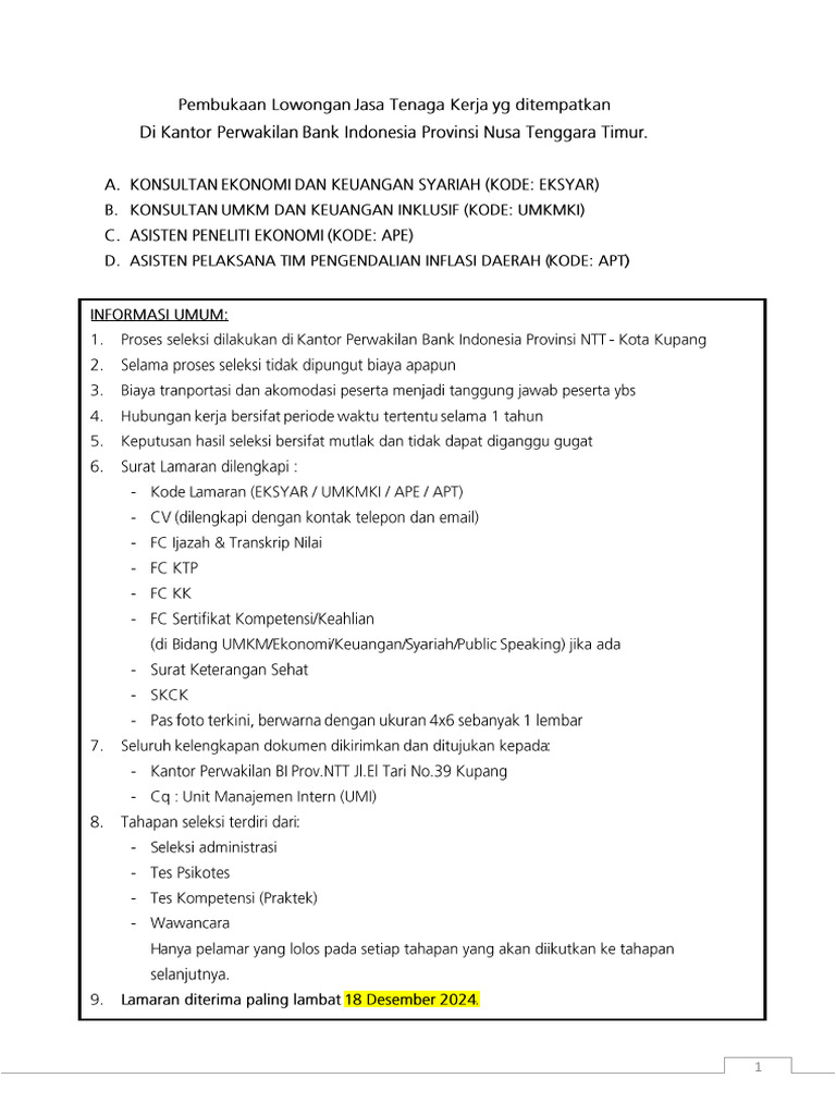 Pengumuman Rekrutmen Konsultan Dan Swakelola BI NTT Tahun 2025 | PDF