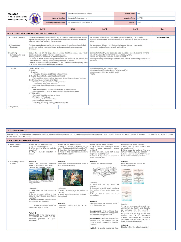 Q3-W3-MAPEH-MATATAG | PDF | Foods | Nutrients