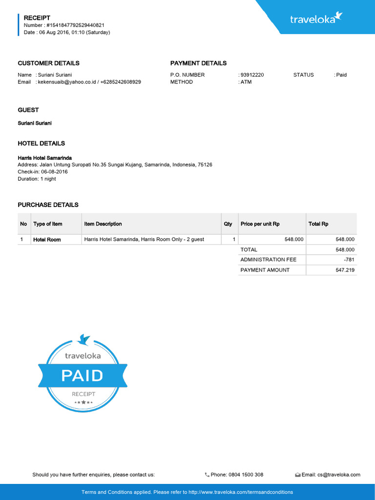 Hotel Booking Receipt for Harris Hotel | PDF