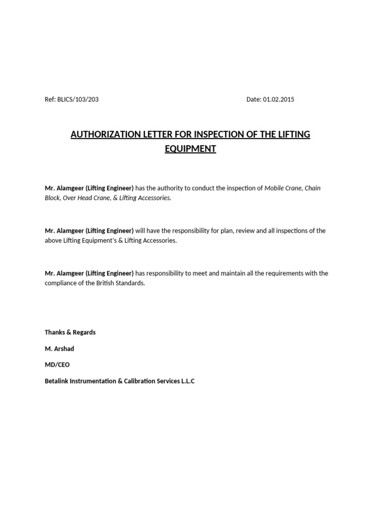 Authorization for Lifting Equipment Inspection | PDF